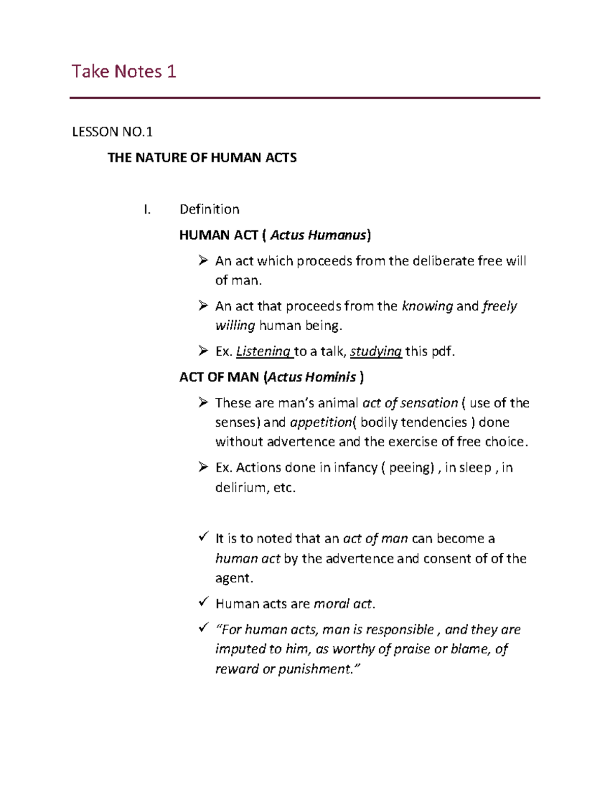 Lesson II philo - Notes - Take Notes 1 LESSON NO. THE NATURE OF HUMAN ...