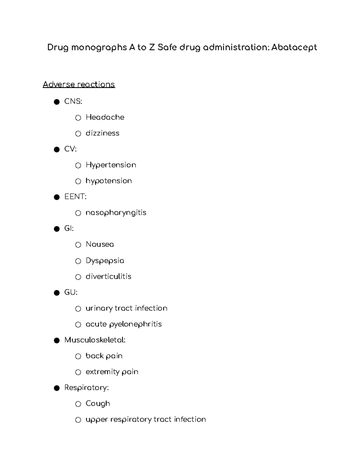 Drug monographs A to Z Safe drug administration Abatacept ...