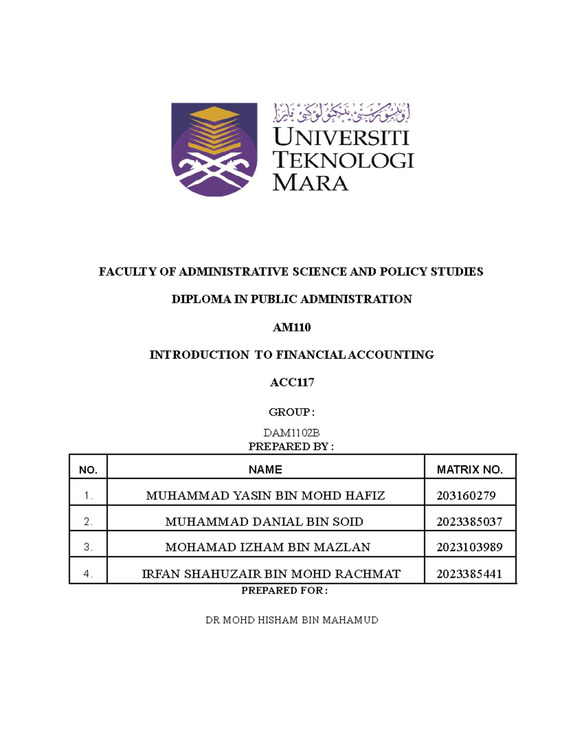 ACC117 Assignment [DONE] - FACULTY OF ADMINISTRATIVE SCIENCE AND POLICY ...