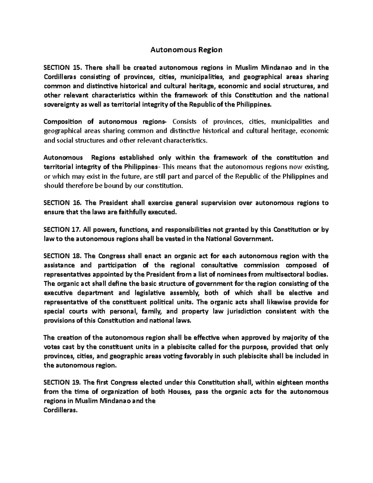 Autonomous Region - Autonomous Region SECTION 15. There shall be ...