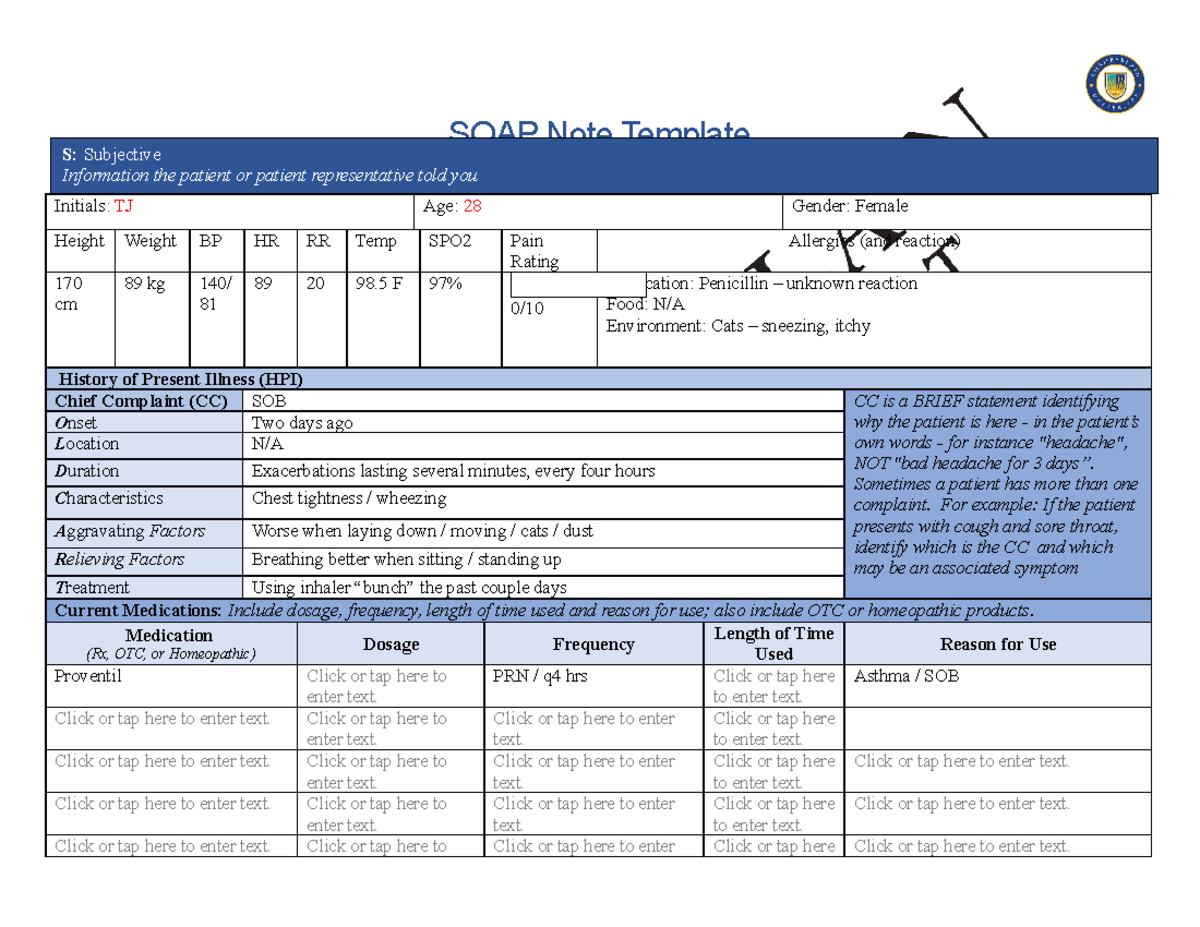 NR 509 SOAP Note - TJ - Resp - SOAP Note Template Initials: TJ Age: 28 ...