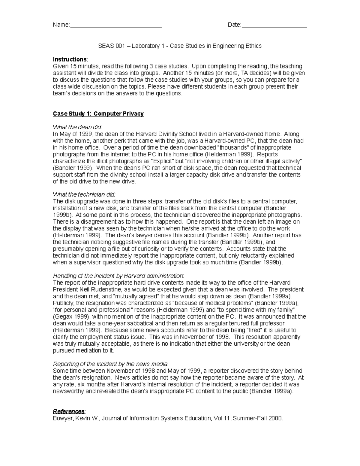 Week1 lab handout ethics case study v22 - SEAS 001 – Laboratory 1 - Case Studies in Engineering ...
