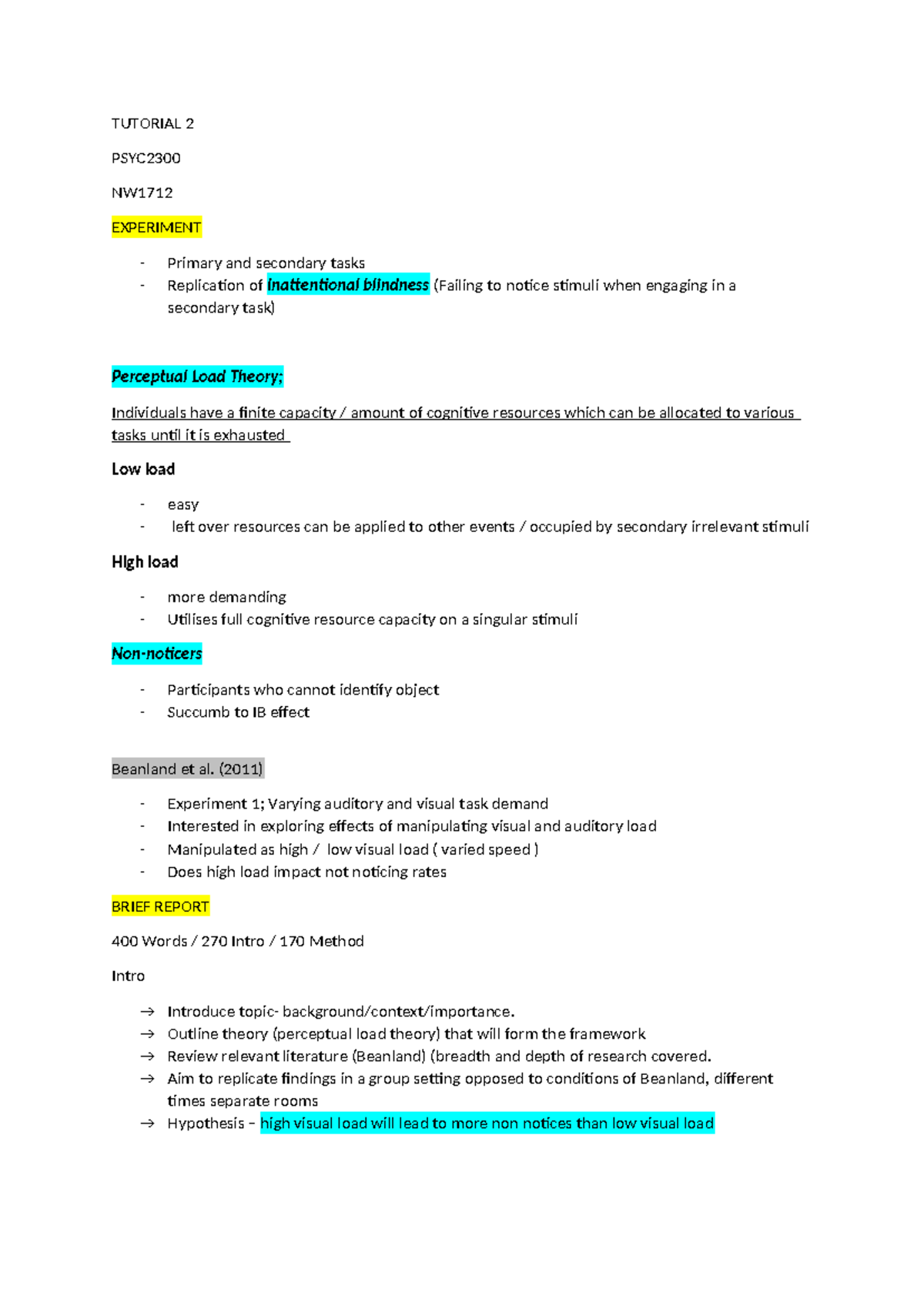 Tutorial 2 - TUTORIAL 2 PSYC NW EXPERIMENT Primary and secondary tasks ...