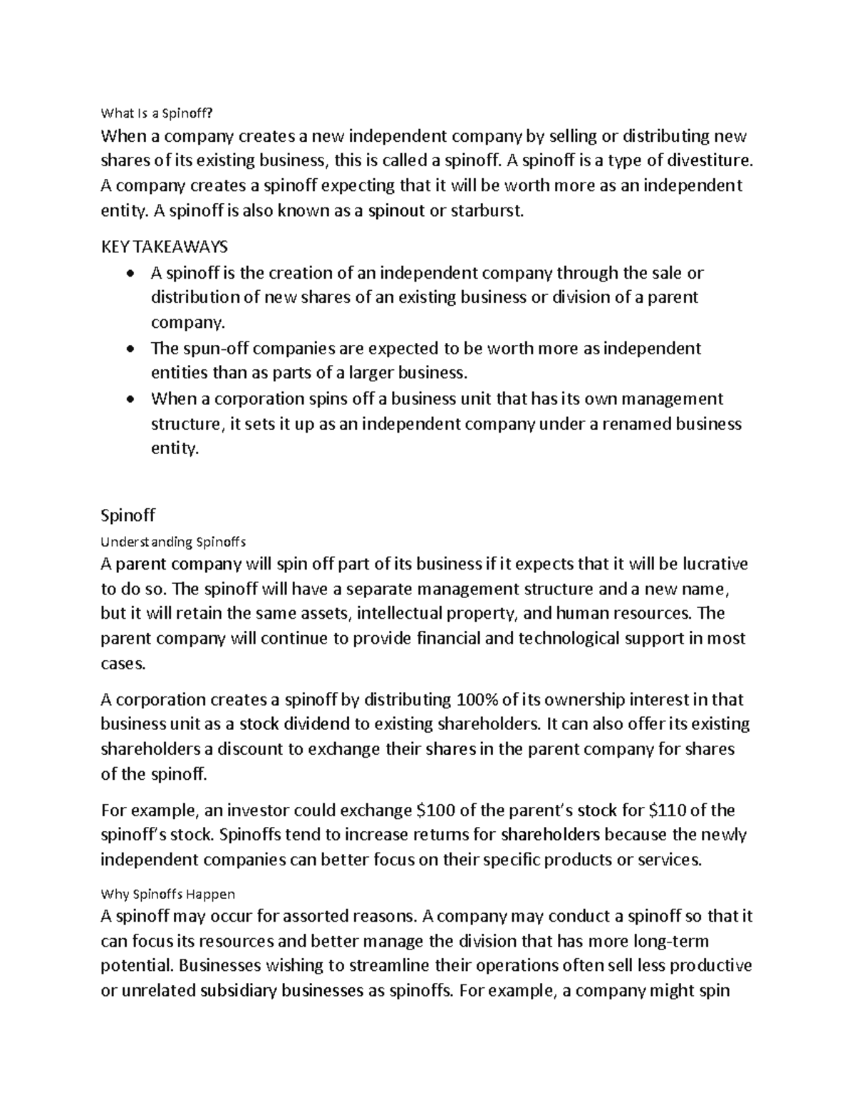 Spinoff Notes - What Is a Spinoff? When a company creates a new ...