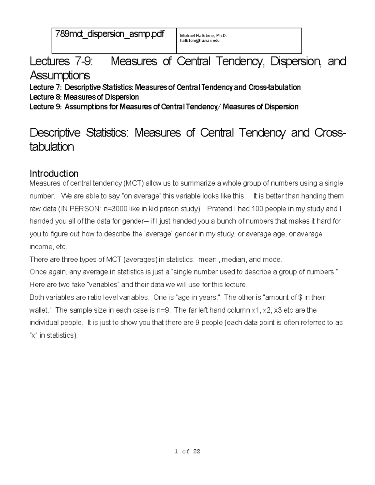 Measures of Cental Tendency - 789mct_dispersion_asmp Michael Hallstone ...