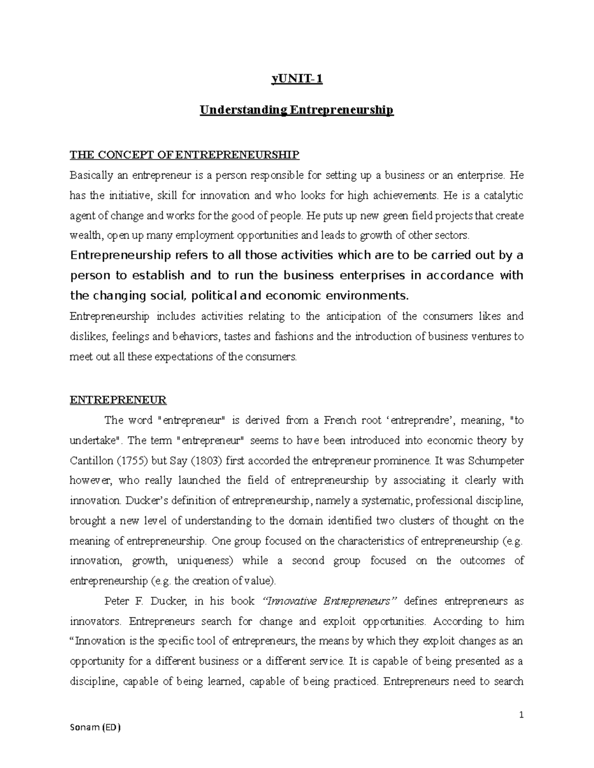 Unit 1 - notes - yUNIT- Understanding Entrepreneurship THE CONCEPT OF ...