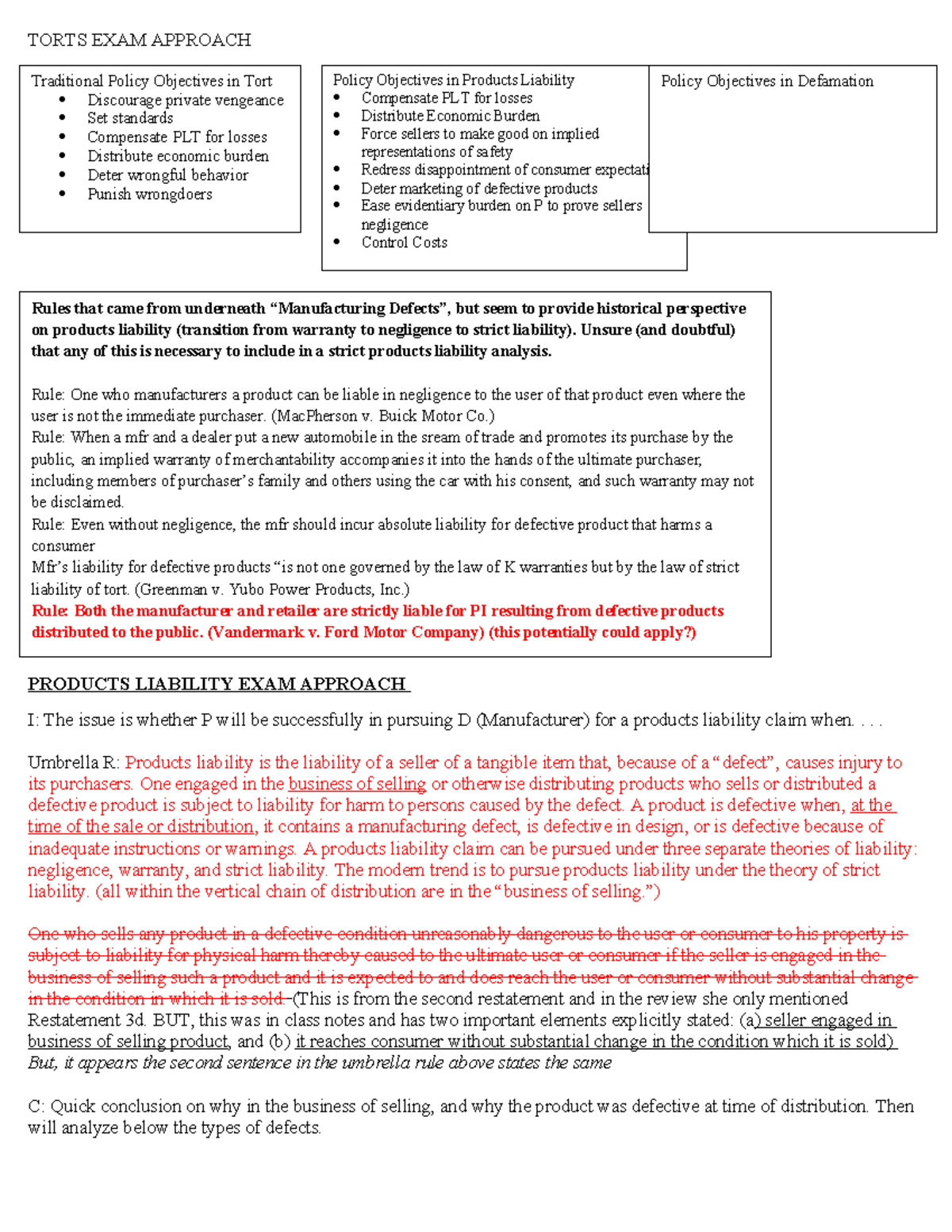 Torts II EXAM Approach - TORTS EXAM APPROACH PRODUCTS LIABILITY EXAM ...