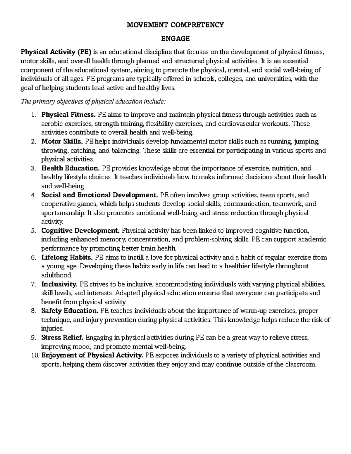 Movement competency - MOVEMENT COMPRETENCY ENGAGE Physical Activity (PE ...