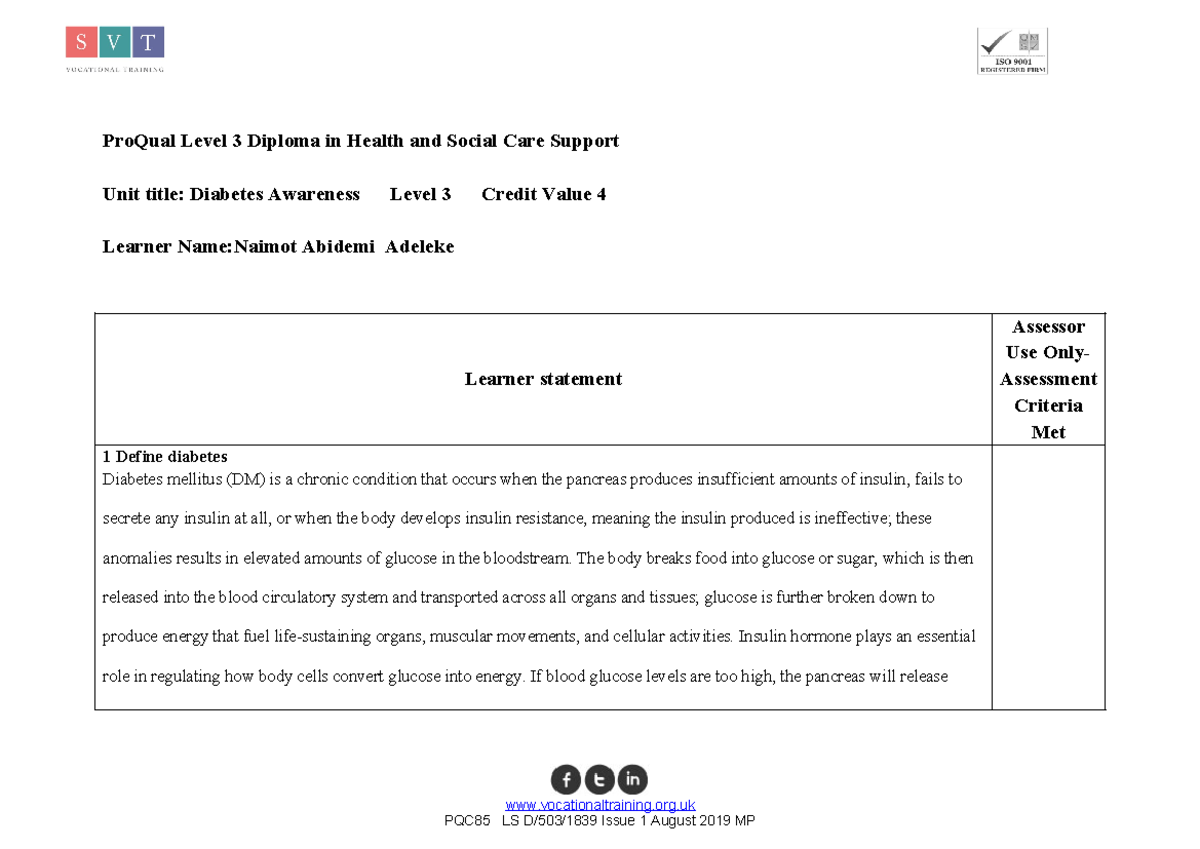 Learner statement unit - ProQual Level 3 Diploma in Health and Social ...