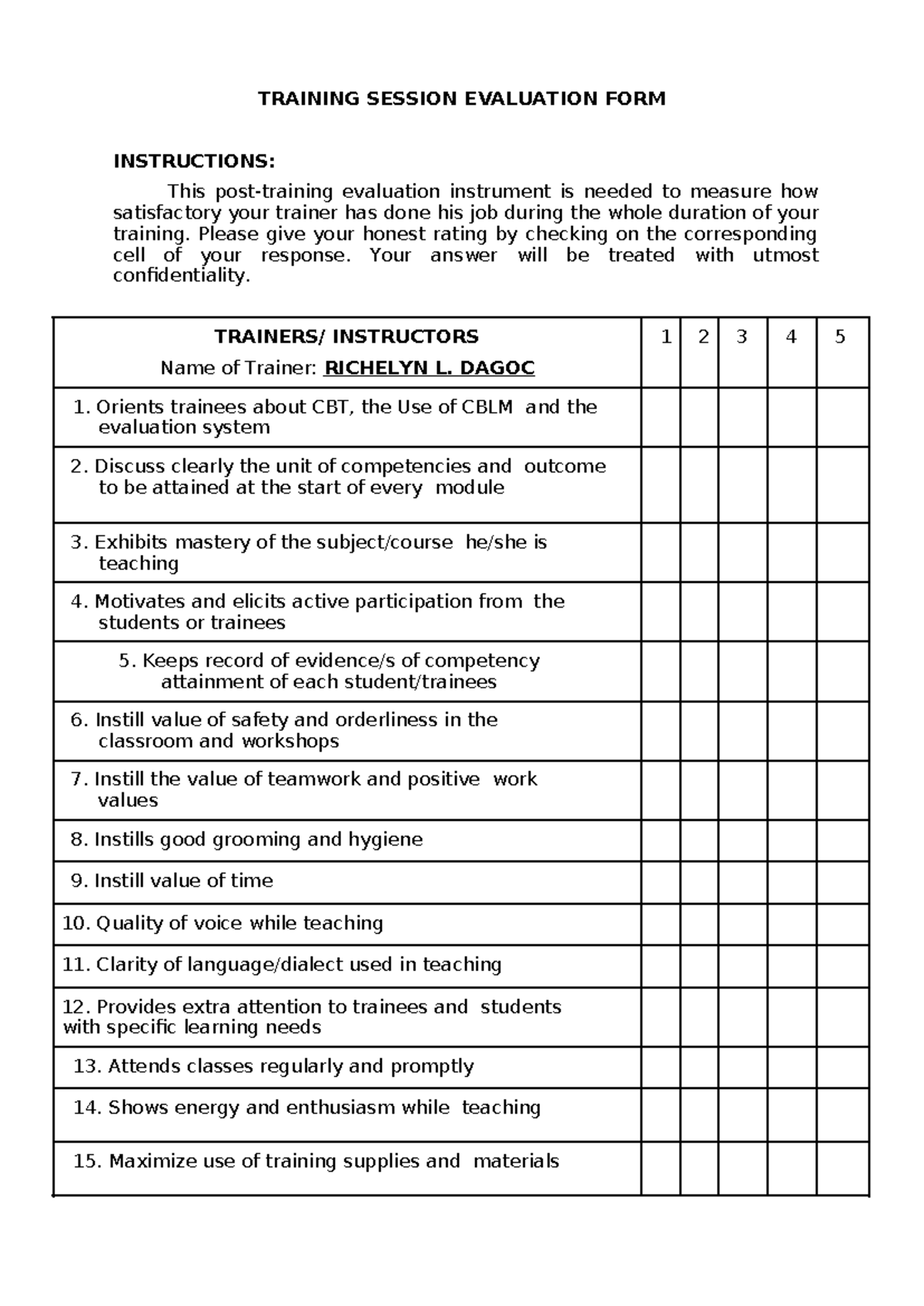 End of Session Evaluation - TRAINING SESSION EVALUATION FORM ...