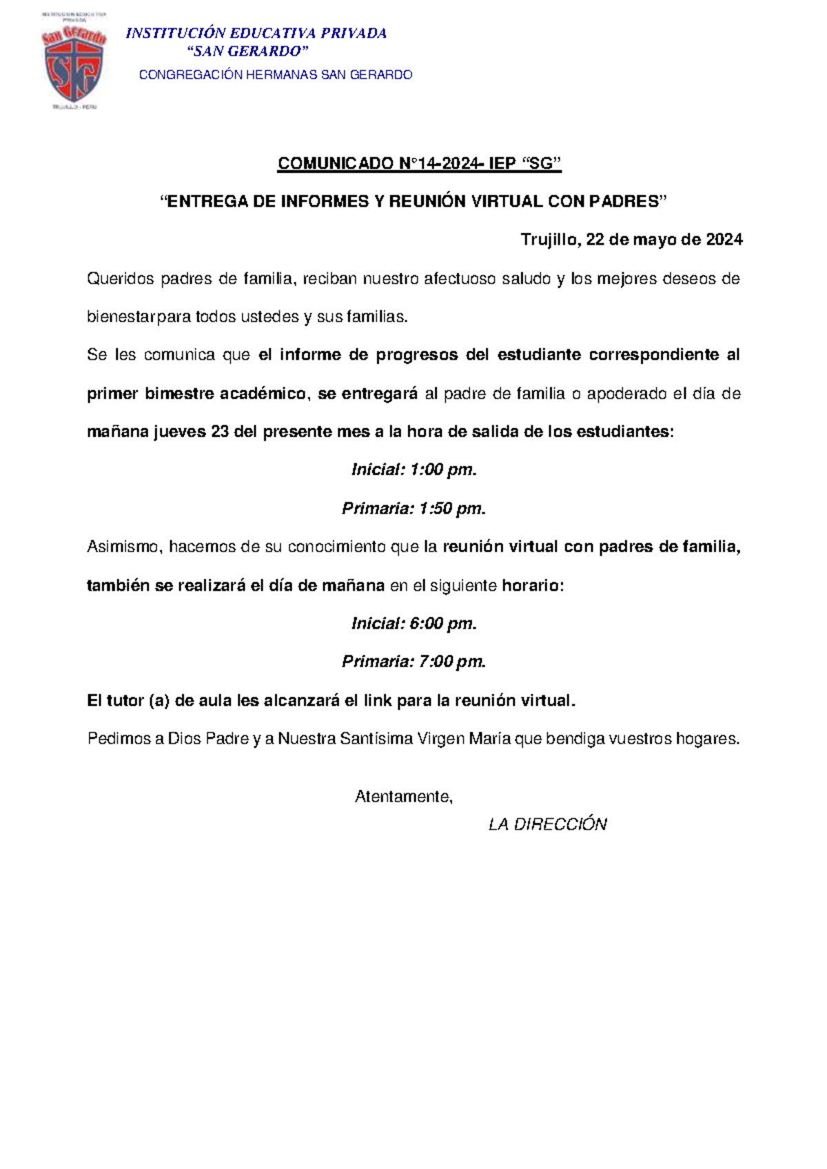 Comunicado N° 14-2024 - Entrega DE Informes DE Progreso Y Reunión DE ...