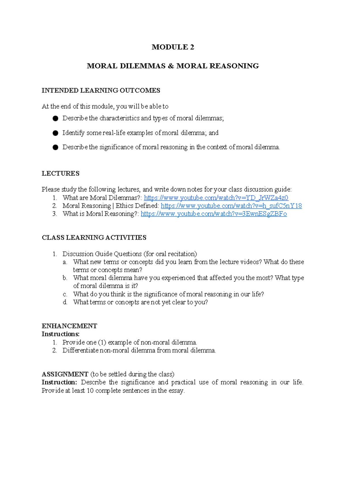 Module 2 Moral Dilemmas & Moral Reasoning - MODULE 2 MORAL DILEMMAS ...