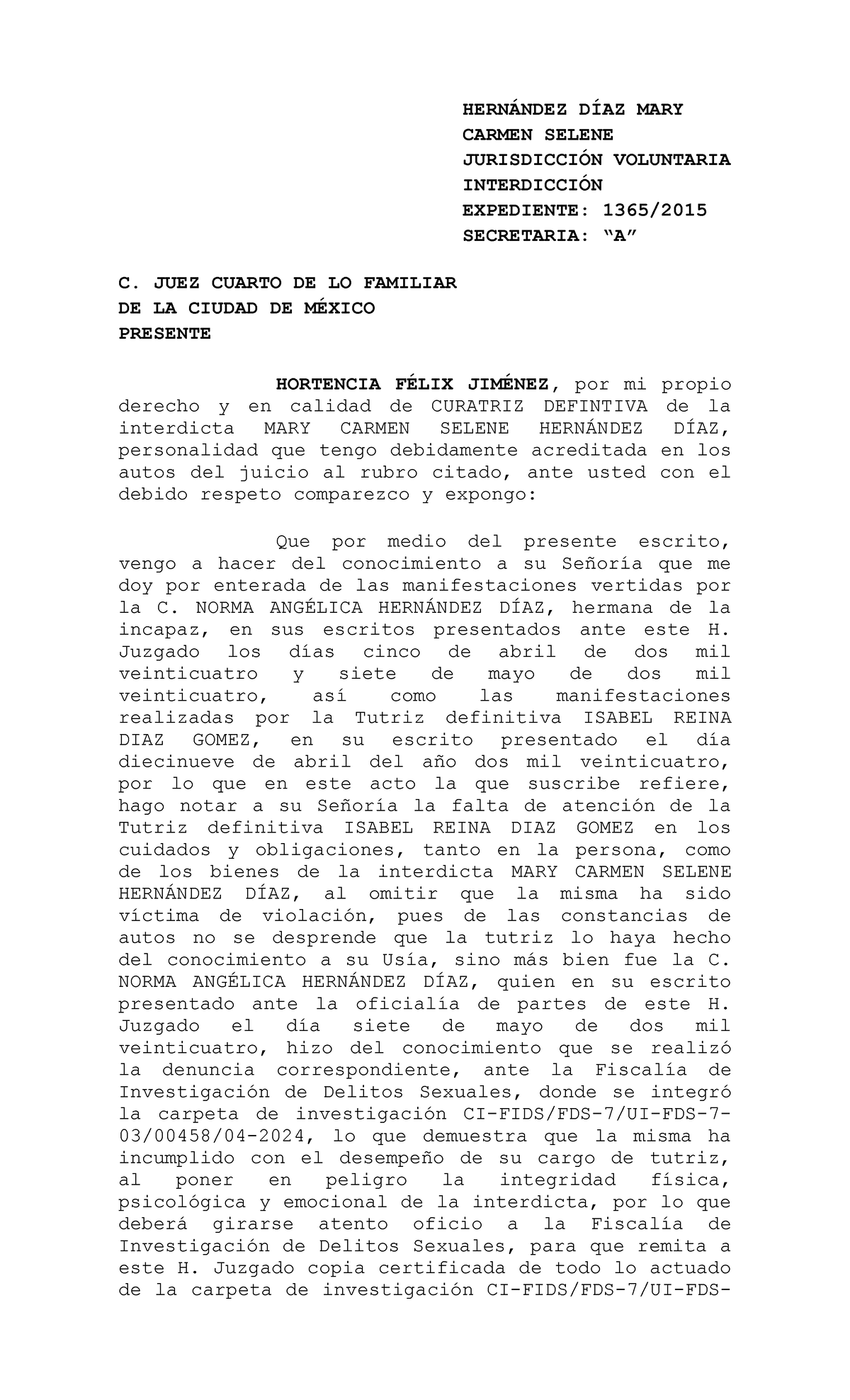 Escrito Hortencia - HERNÁNDEZ DÍAZ MARY CARMEN SELENE JURISDICCIÓN ...