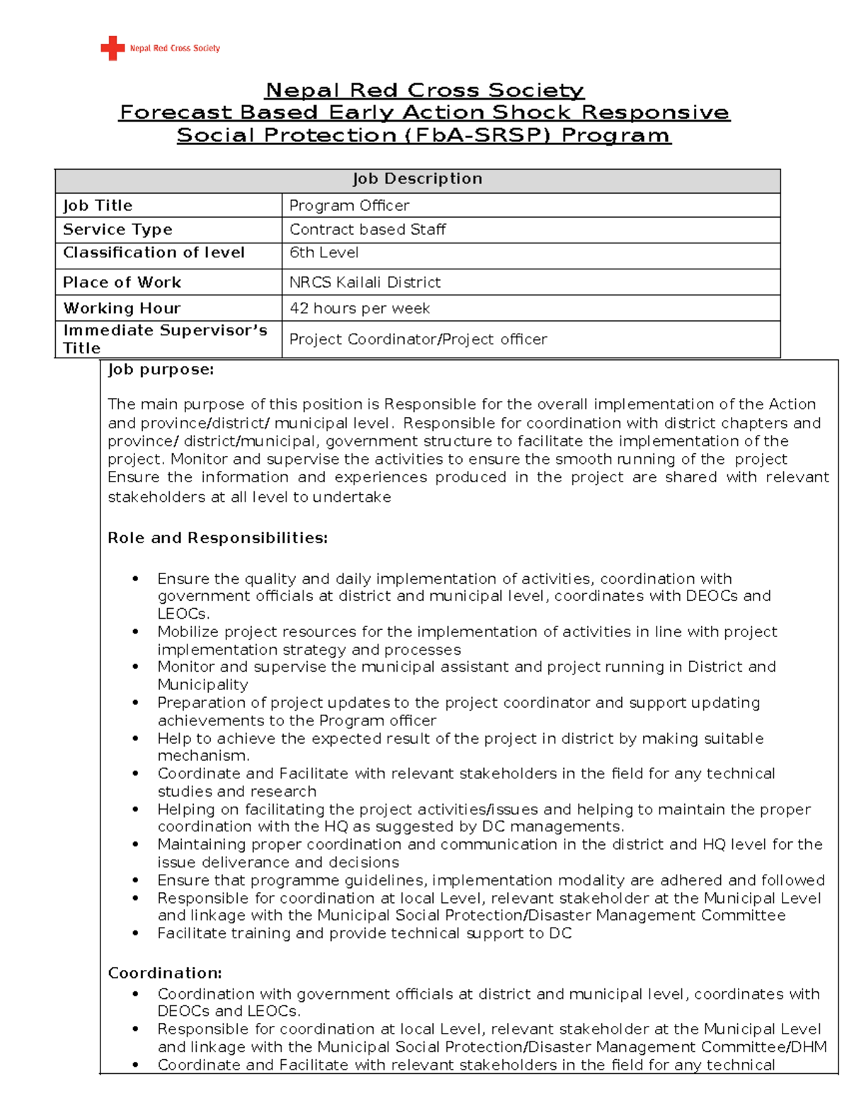 JD Program officer Kailali - Nepal Red Cross Society Forecast Based Early Action Shock ...