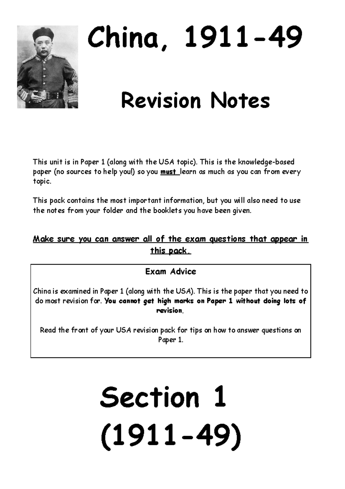 China Revision Booklet - China, Revision Notes This unit is in Paper 1 ...
