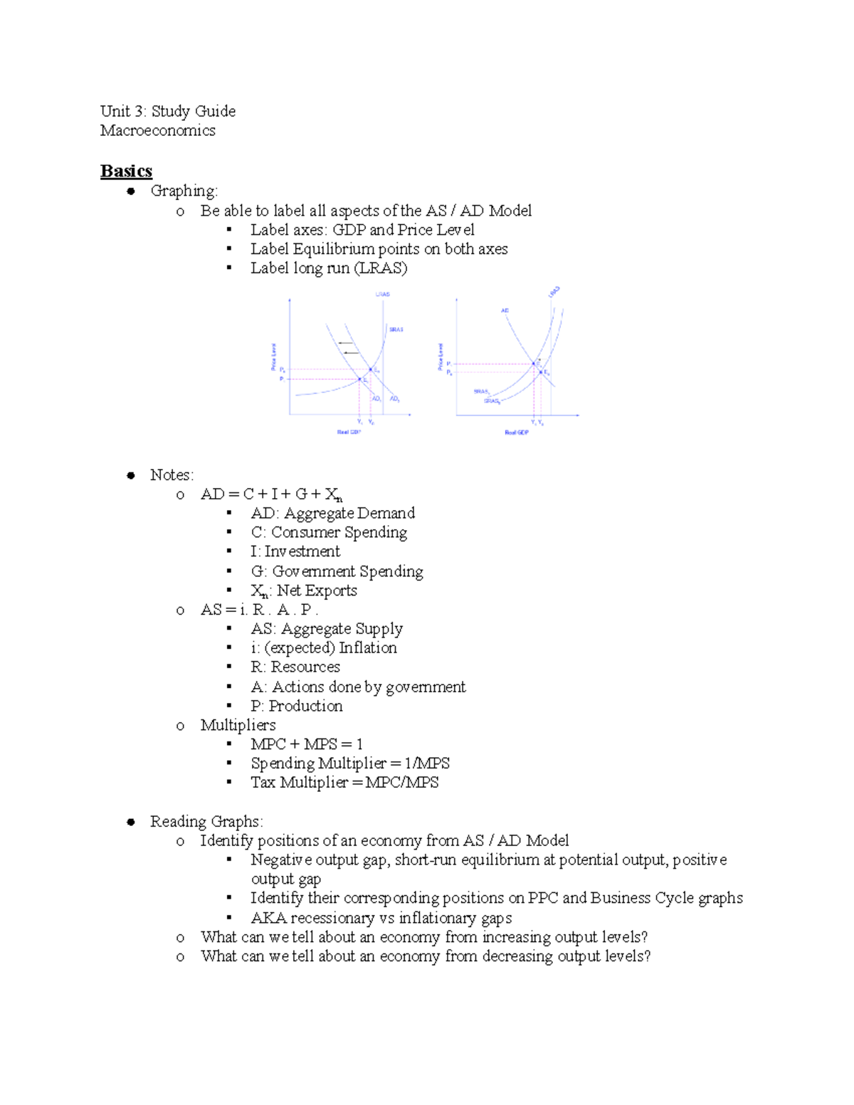 Unit 3 Study Guide - Unit 3: Study Guide Macroeconomics Basics Graphing ...