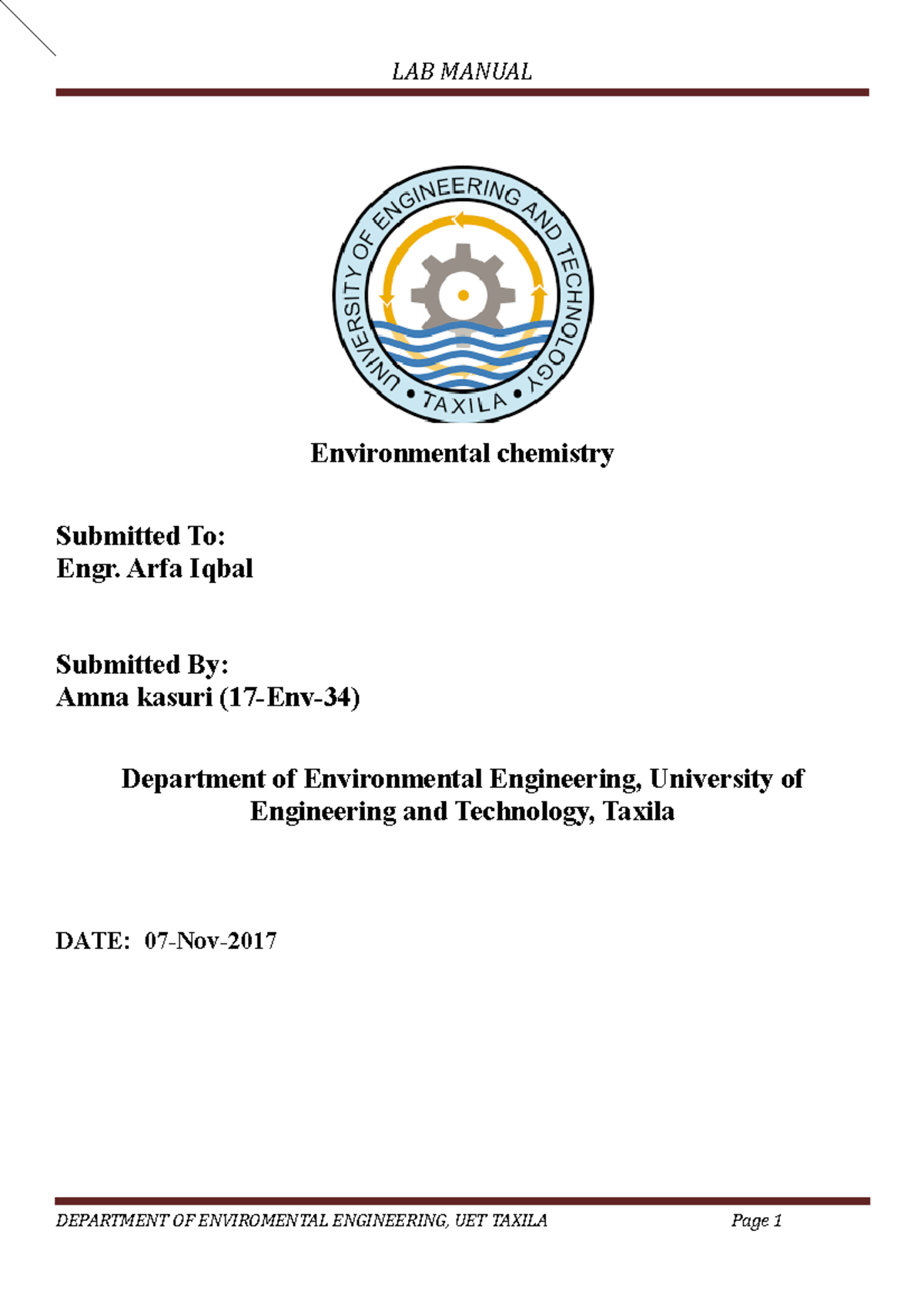 Amna manual (Repaired) - LAB MANUAL Environmental chemistry Submitted ...