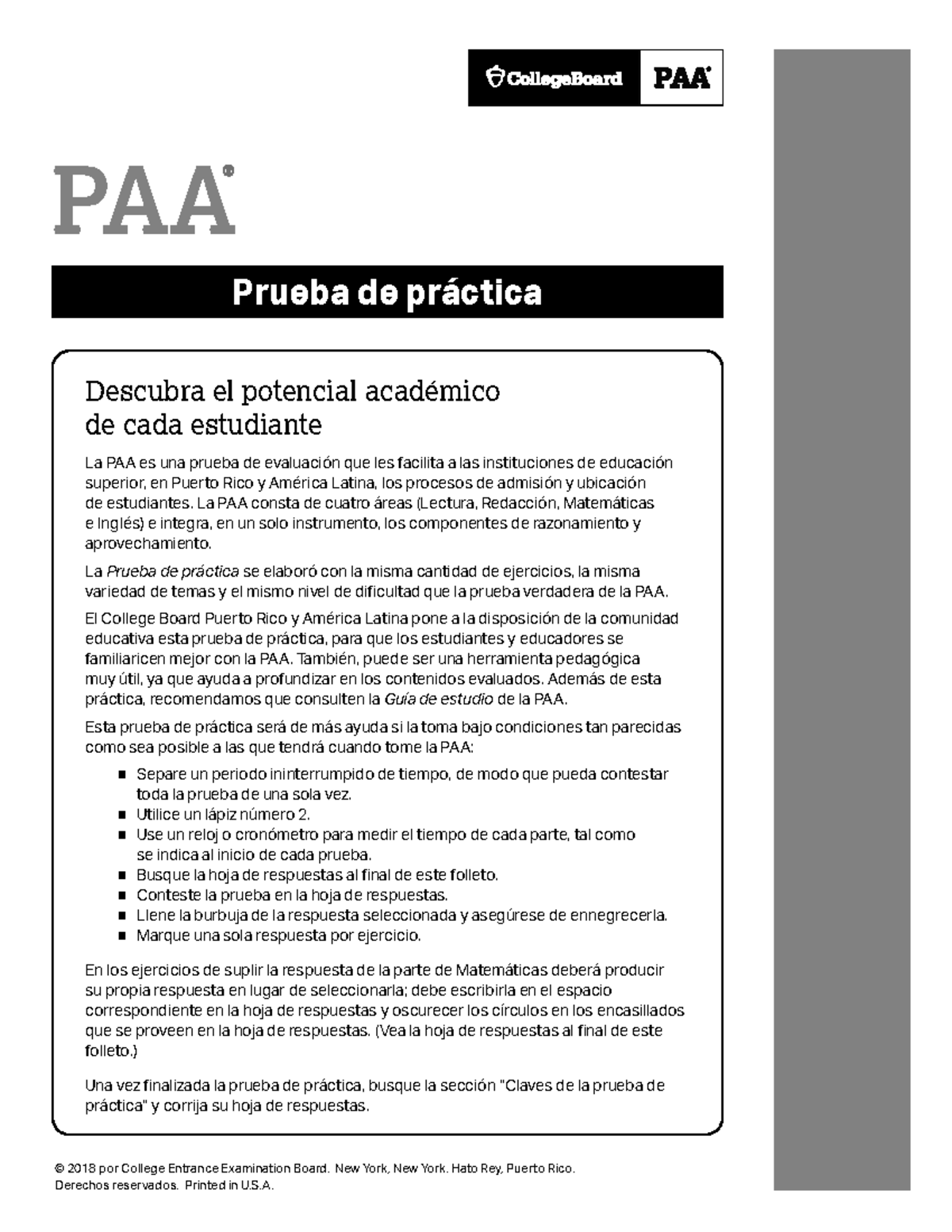 La prueba de práctica de la PAA - PAA © 2018 por College Entrance Examination Board. New York ...