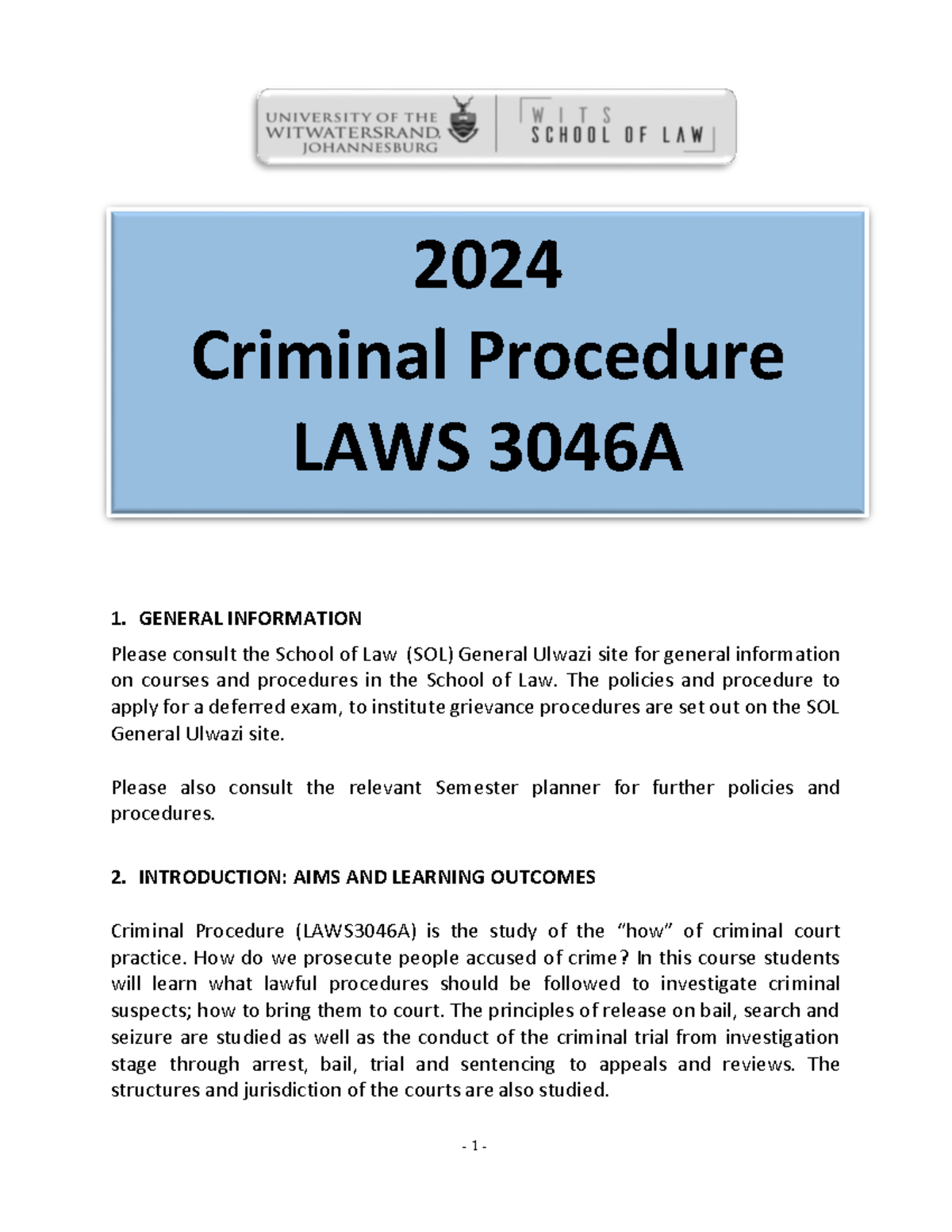 Crim Procedure - course outline - 1. GENERAL INFORMATION Please consult ...