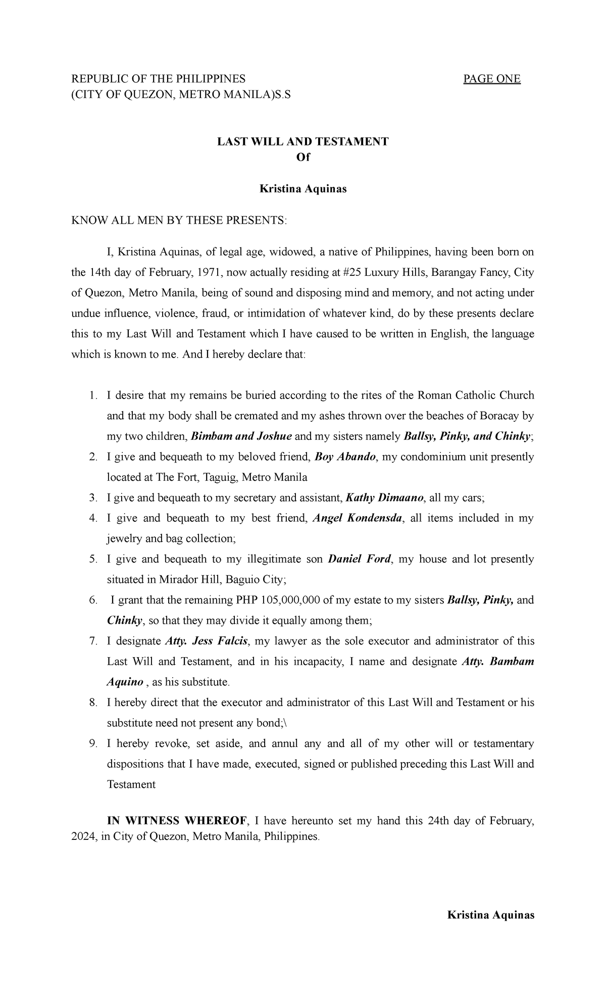 Notarial WILL - REPUBLIC OF THE PHILIPPINES PAGE ONE (CITY OF QUEZON ...