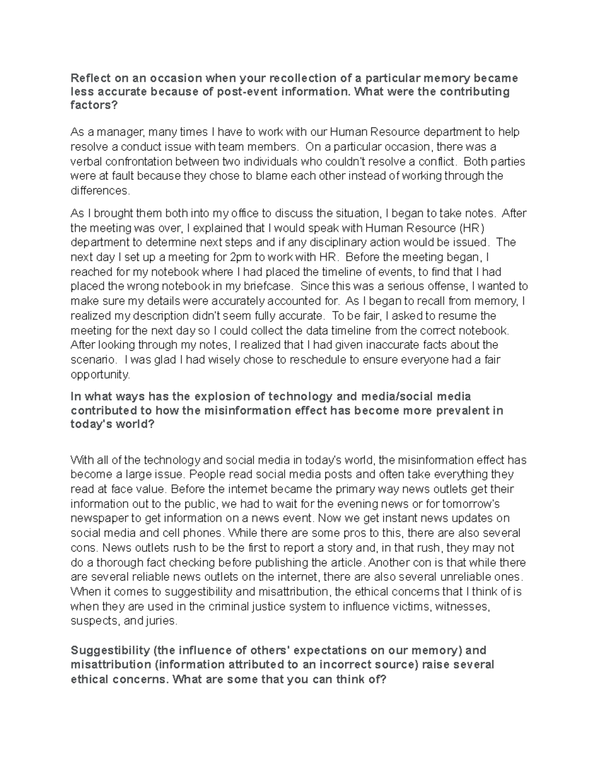 PSY 257 Discussion 3 - Reflect on an occasion when your recollection of ...