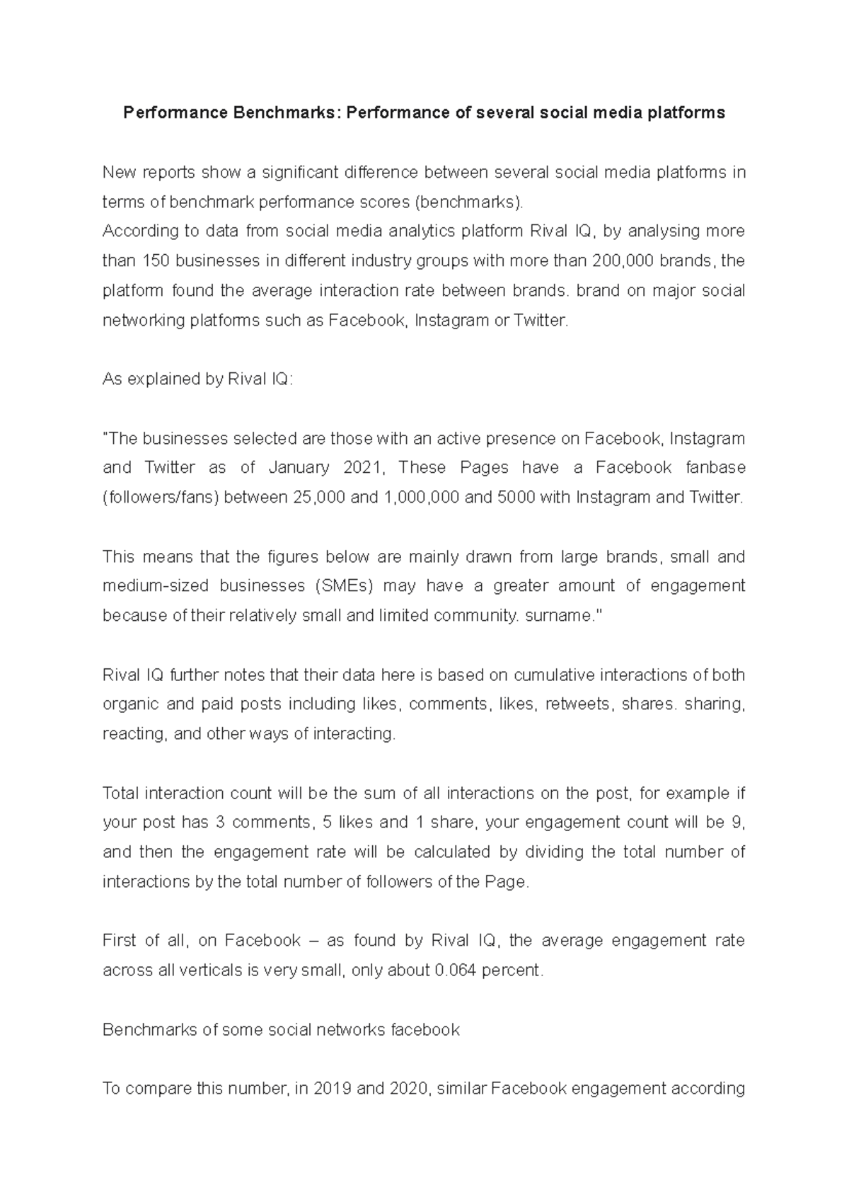 Performance Benchmarks Performance of several social media platforms ...