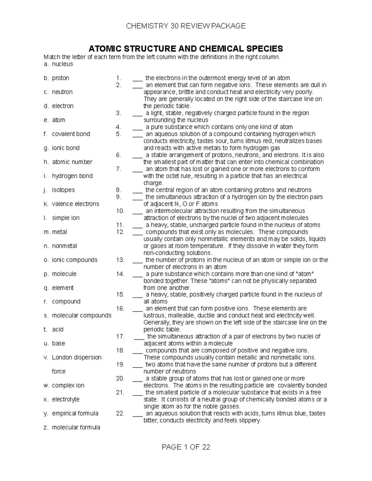 Chem 20 Review Packet - sdfghjkl - ATOMIC STRUCTURE AND CHEMICAL ...