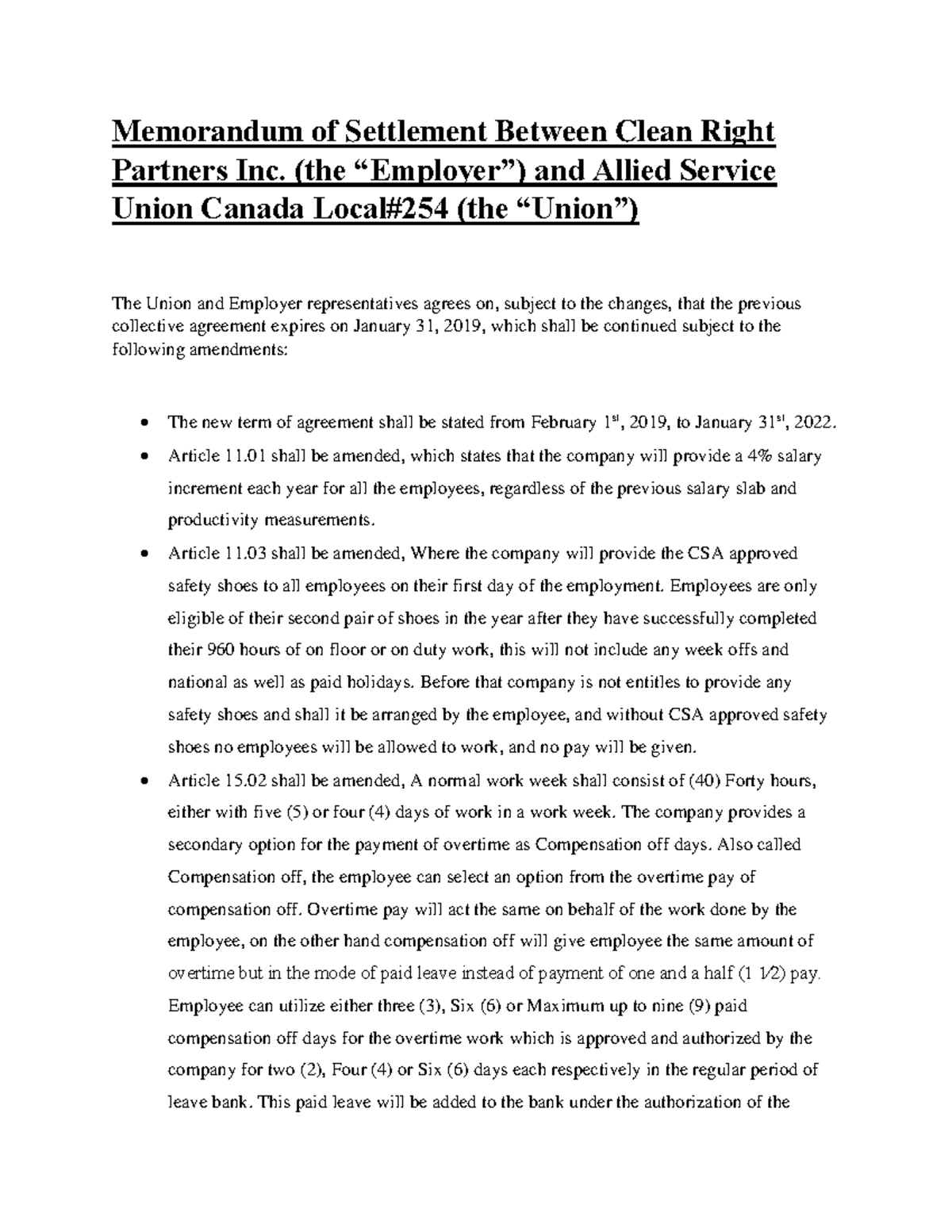 MOS Group 1 - Management updated - Memorandum of Settlement Between ...
