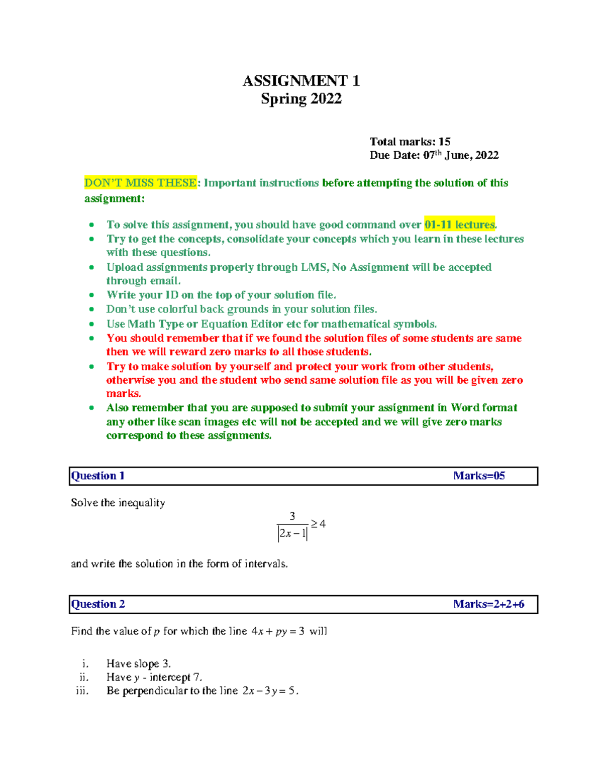 Assignment 1-Spring 22-converted - ASSIGNMENT 1 Spring 2022 Total marks ...