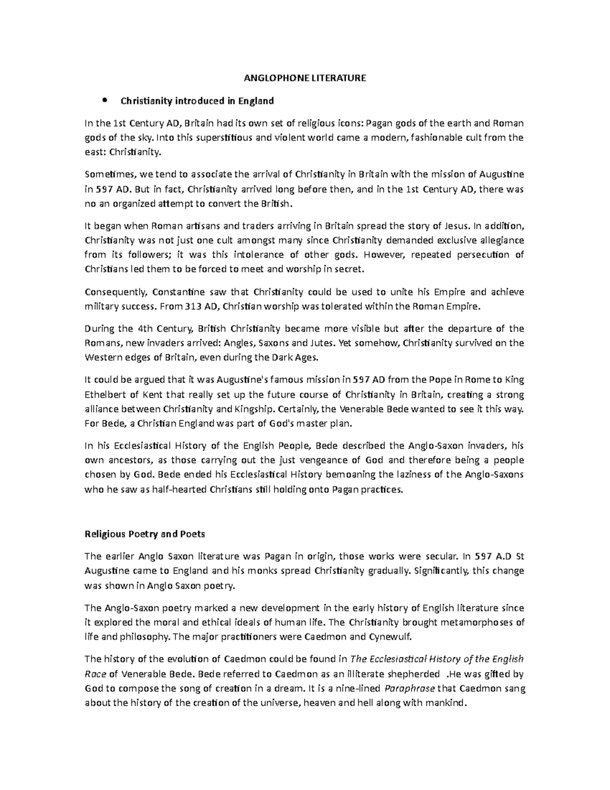 Anglophone Literature - ANGLOPHONE LITERATURE Christianity introduced ...