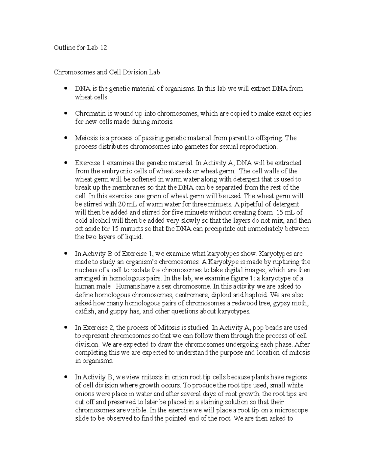 Outline for Lab 12 - Lab 12 responses - Outline for Lab 12 Chromosomes ...