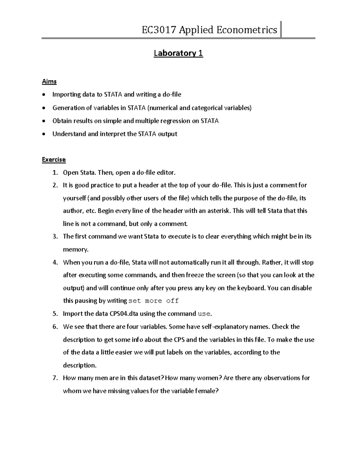 Lab 1 Exercise Good Ec3017 Applied Econometrics Laboratory 1 Aims Importing Data To Stata