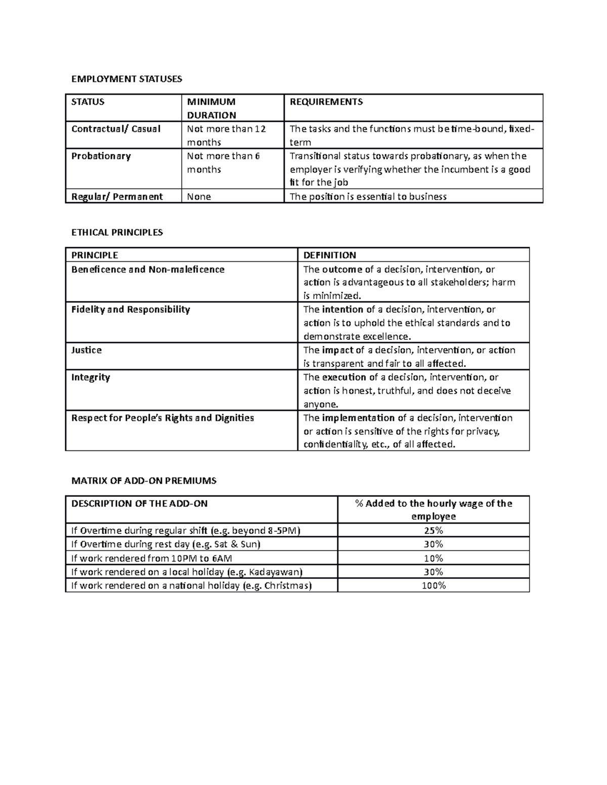 Handout for Module 1 - please read - EMPLOYMENT STATUSES STATUS MINIMUM ...