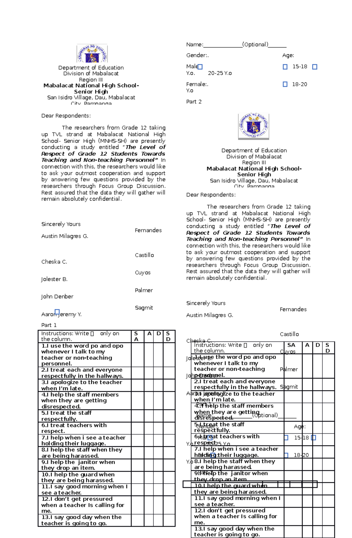Document (5) Questionnaire 2 - Dear Respondents: The researchers from ...