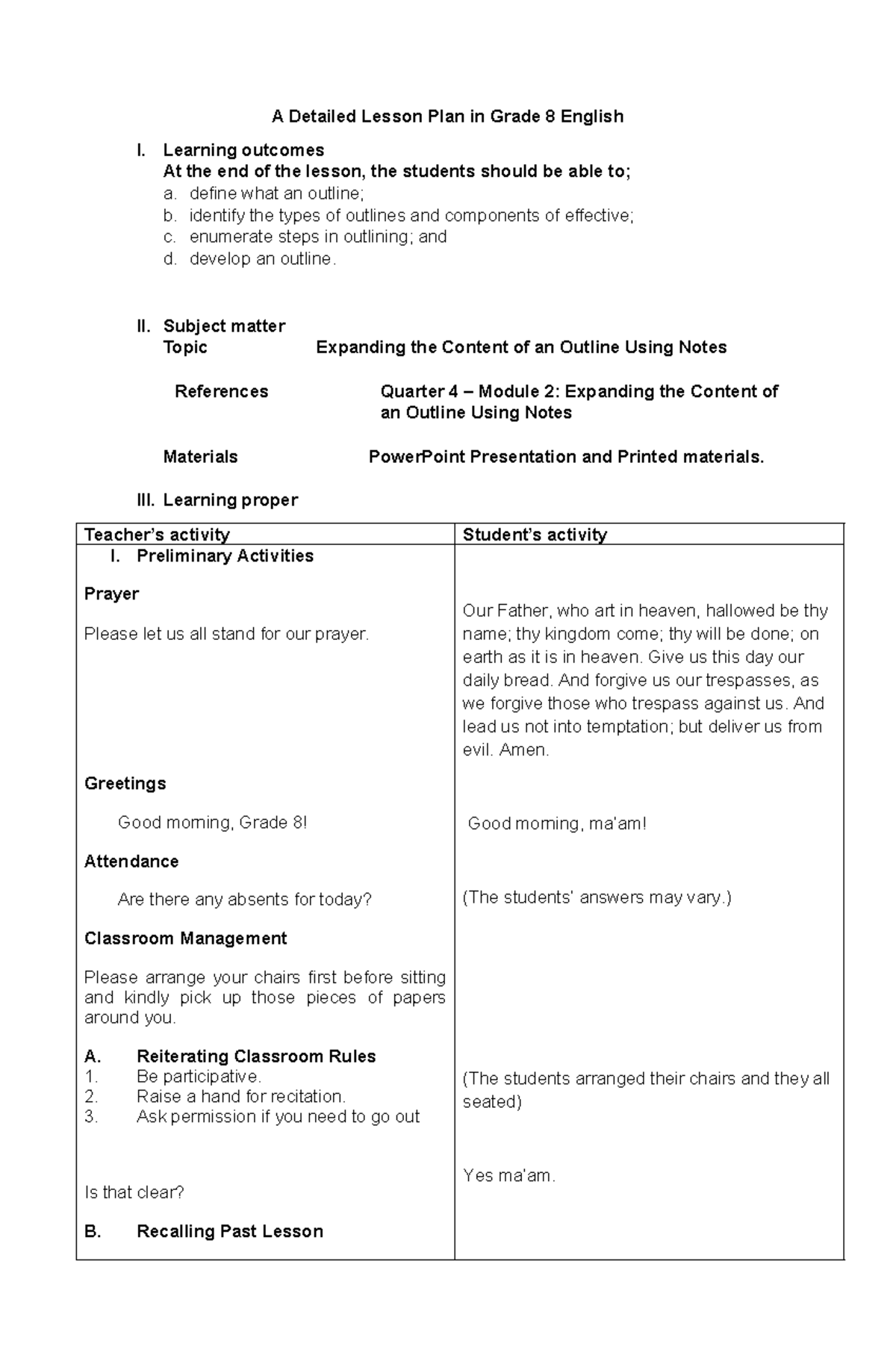 Outlining Notes DLP - Copy - A Detailed Lesson Plan in Grade 8 English ...