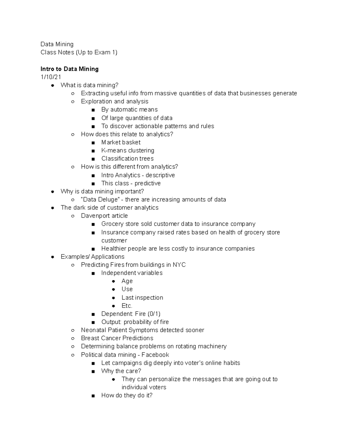 DM Class Notes (Up to Exam 1) - Data Mining Class Notes (Up to Exam 1 ...