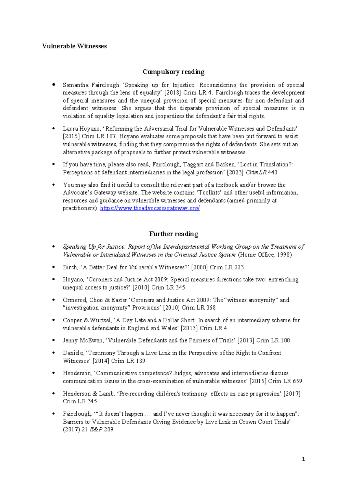 Vulnerable witnesses - Vulnerable Witnesses Compulsory reading Samantha ...