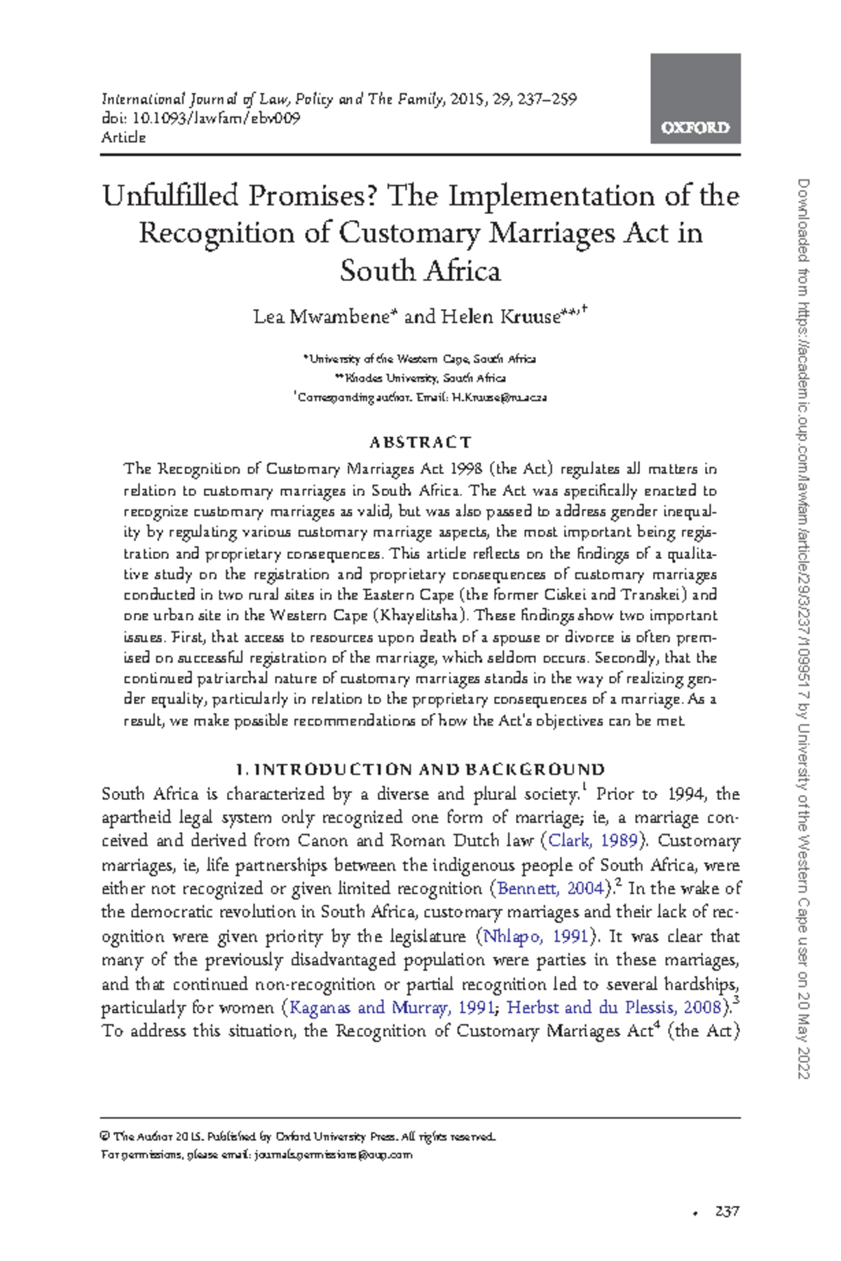 Unfulfilled Promises - The implementation of the Recognition of Customary Marriages Act in South ...