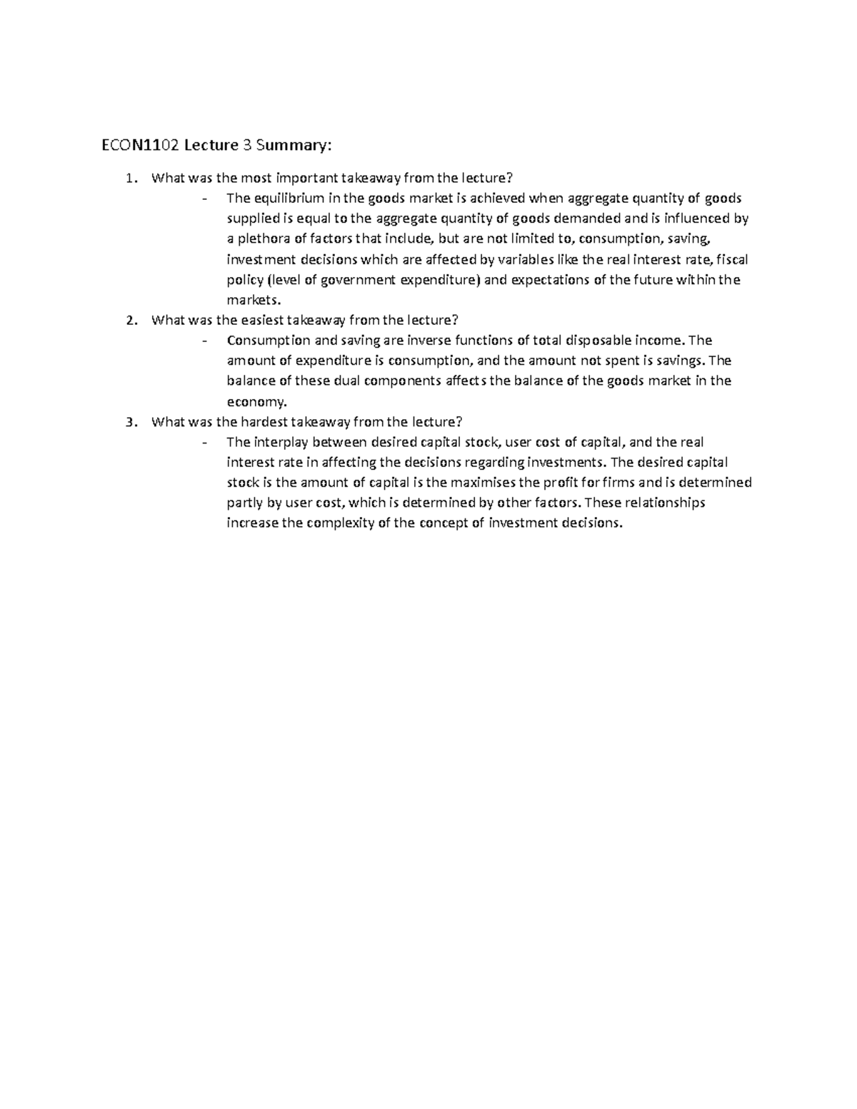 Lecture Week 3 Summary Econ1102 Lecture 3 Summary 1 What Was The Most Important Takeaway 
