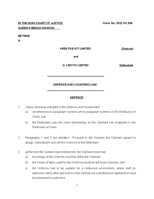 De Vere defence and counterclaim - Sample 2 IN THE HIGH COURT OF ...