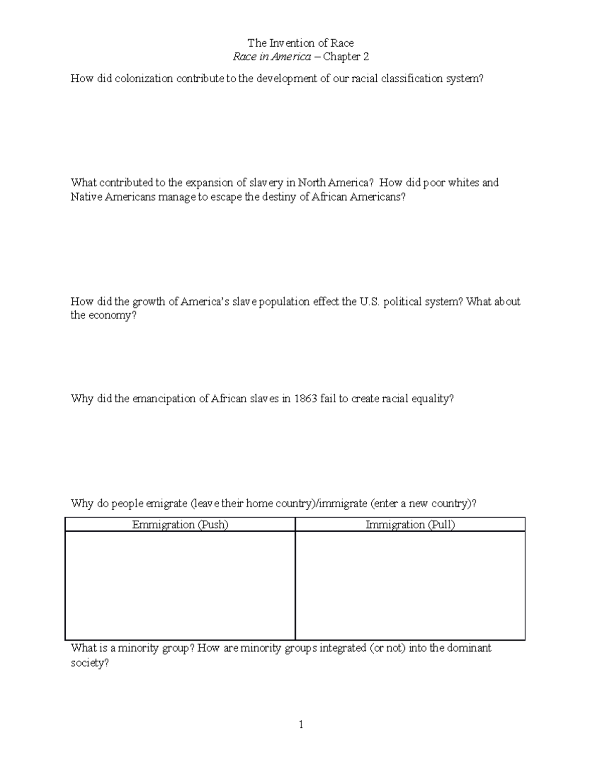 Day 4 Handout - Colonization and Immigration - The Invention of Race ...