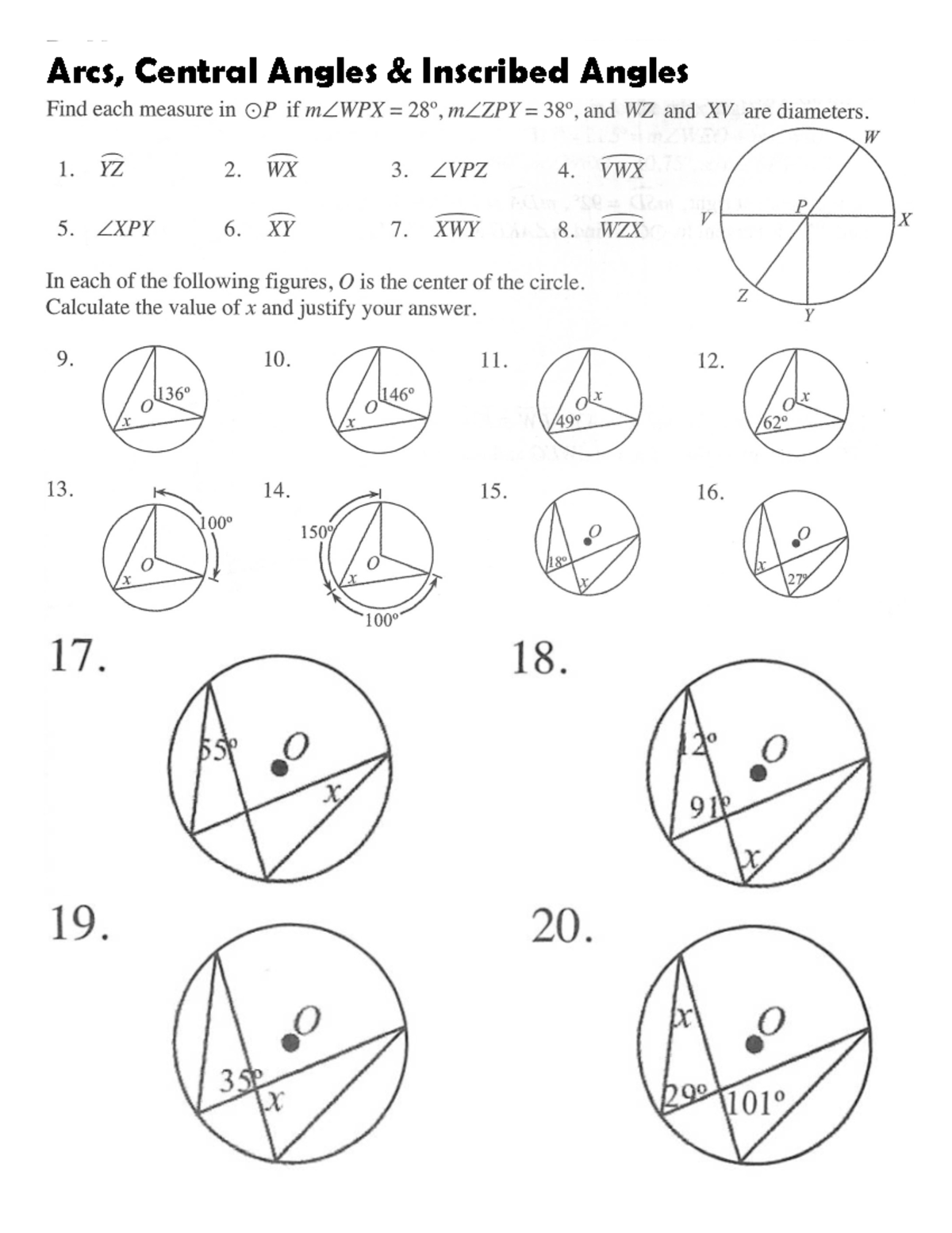 7) Central & Inscribed Angles - Worksheets - Arcs, Central Angles ...