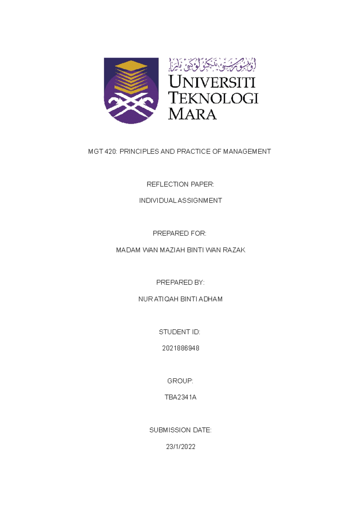 Assignment MGT420 Individual Reflection NUR Atiqah Binti Adham (BA2341A ...