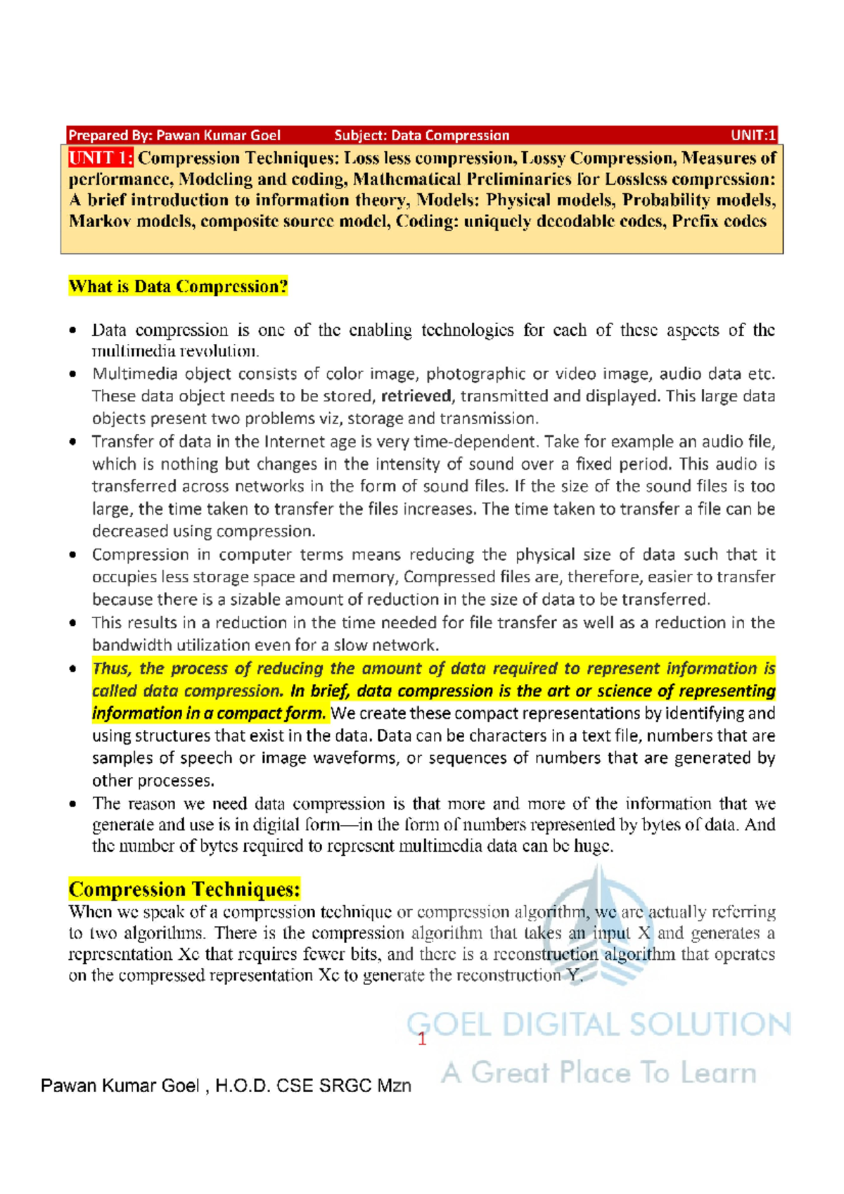U1 - unit 1 notes - Data Compresion - Studocu