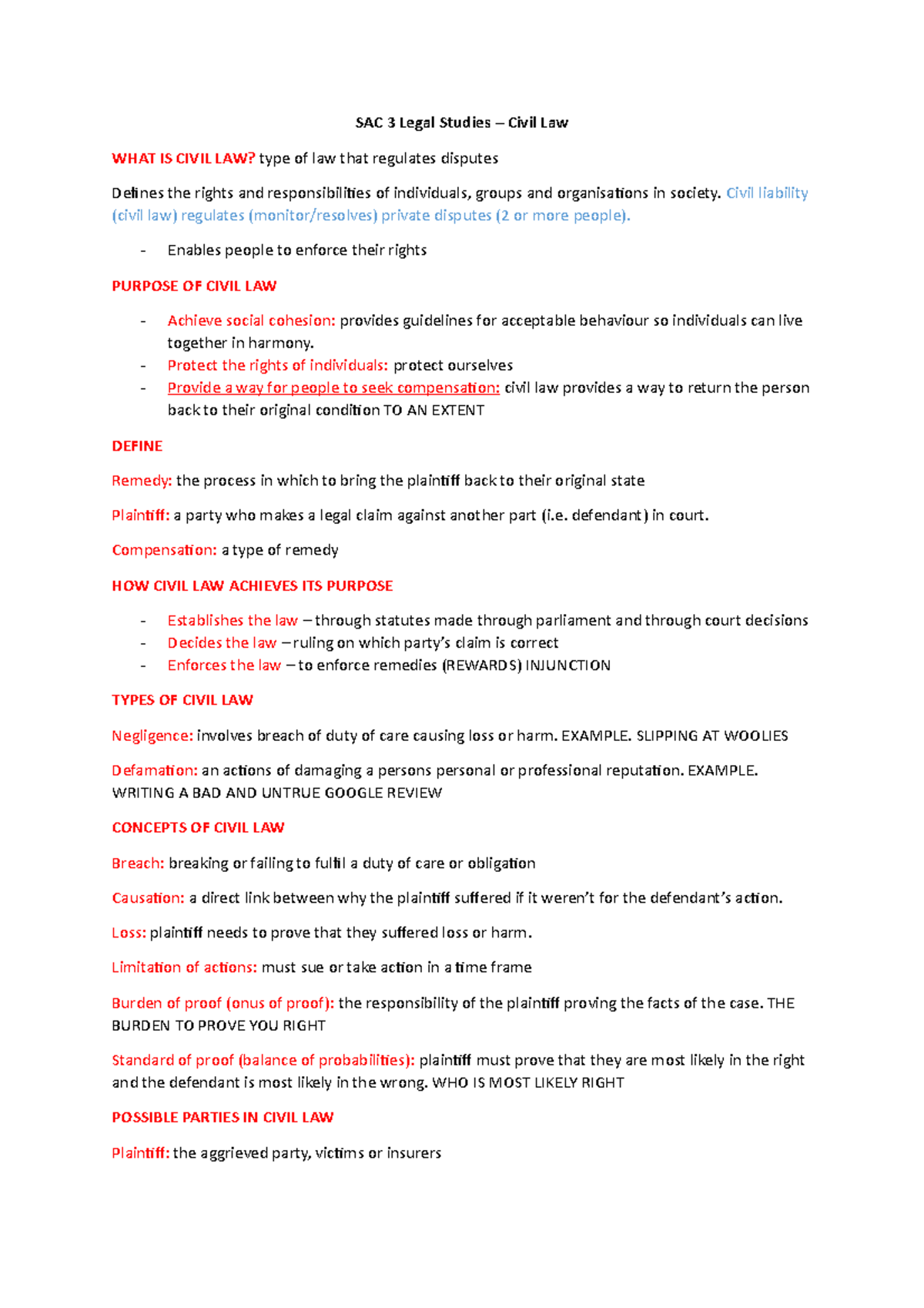 Outcome 3 - SAC 3 Legal Studies – Civil Law WHAT IS CIVIL LAW? type of ...