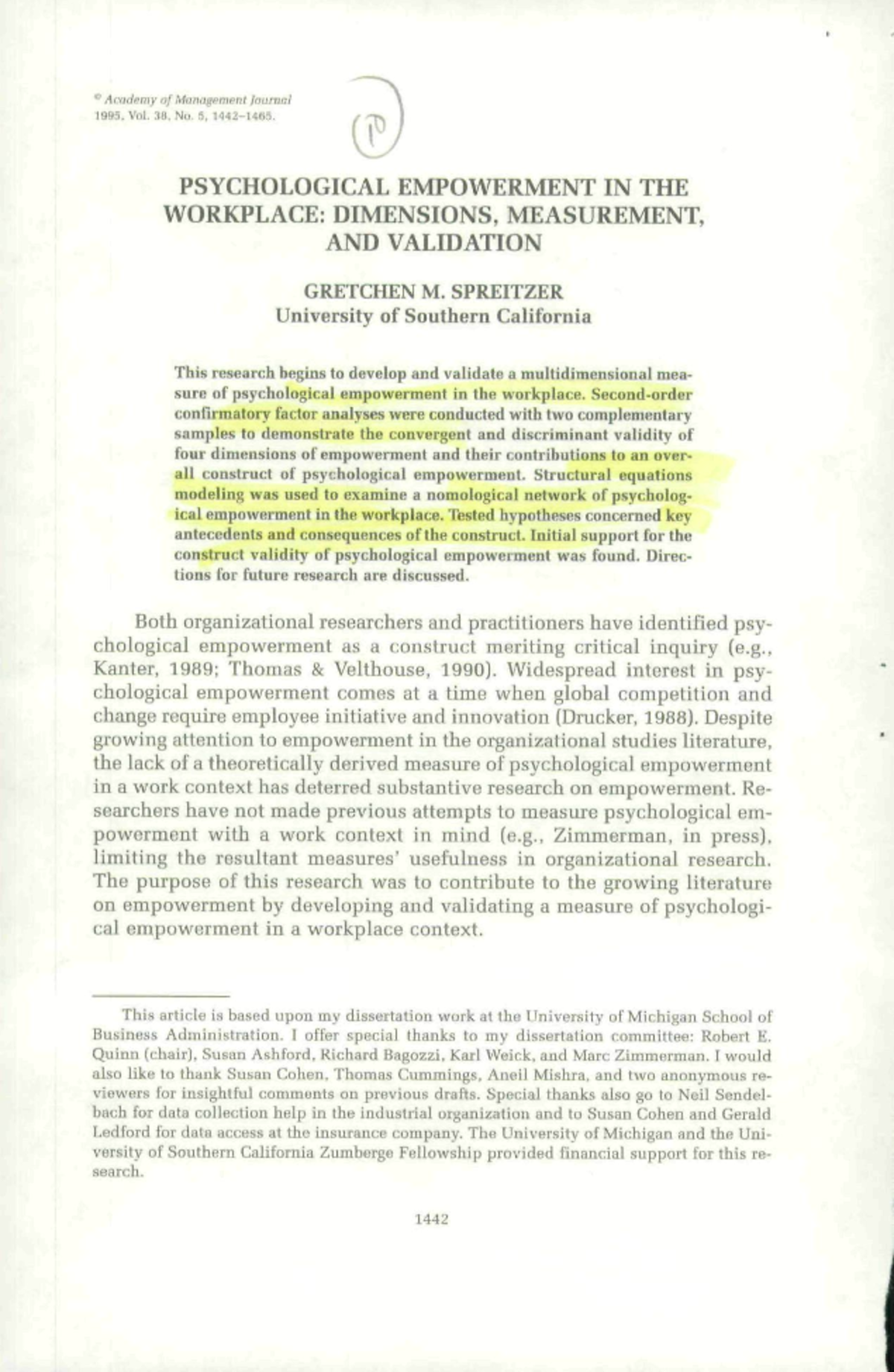 Spreitzer 1995 - Theory - Academy of Management {nurnnl Vol. .18. No. 5 ...