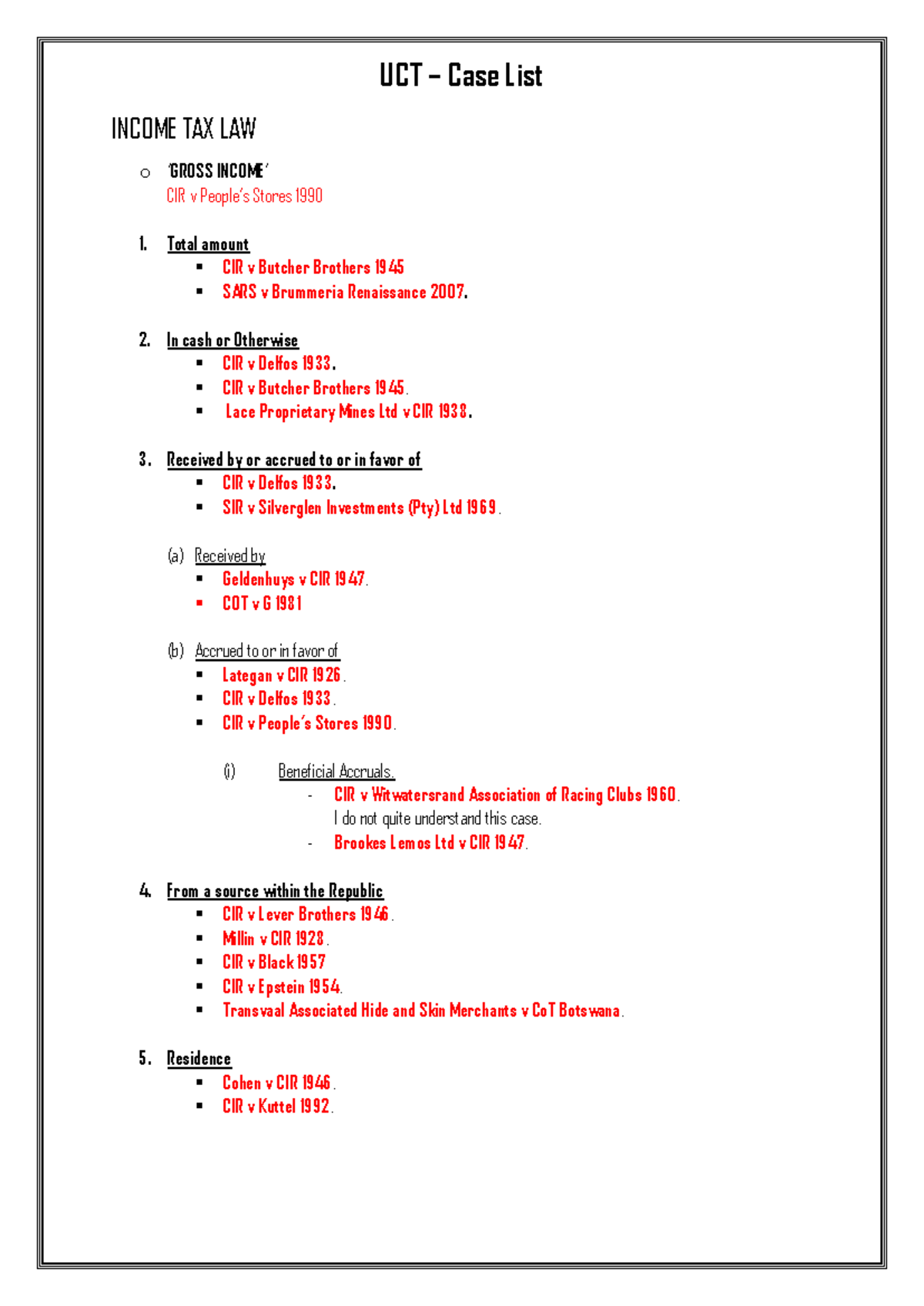 Income TAX LAW - Cases LIST - UCT – Case List INCOME TAX LAW o ‘GROSS ...