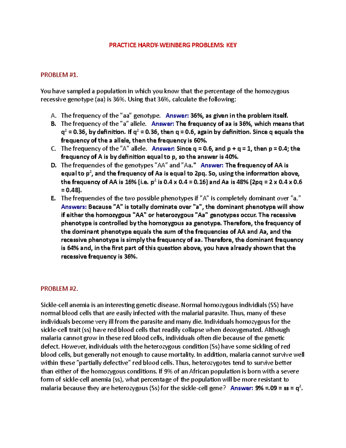 Practice Hardy-Weinberg Problems KEY - PRACTICE HARDY-WEINBERG PROBLEMS ...