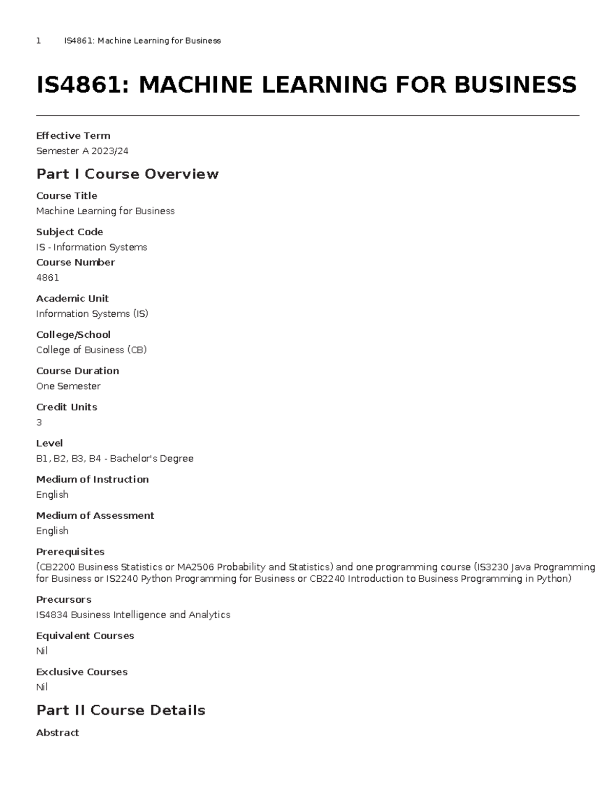 IS4861 - note - IS4861: MACHINE LEARNING FOR BUSINESS Effective Term Semester A 2023/ Part I ...