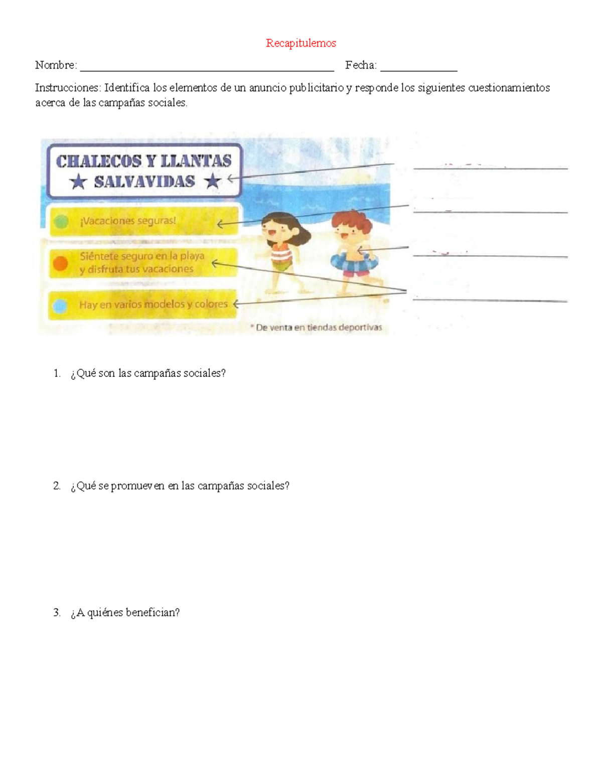 Hoja de trabajo 5. recapitulemos NO - Español - Recapitulemos Nombre ...